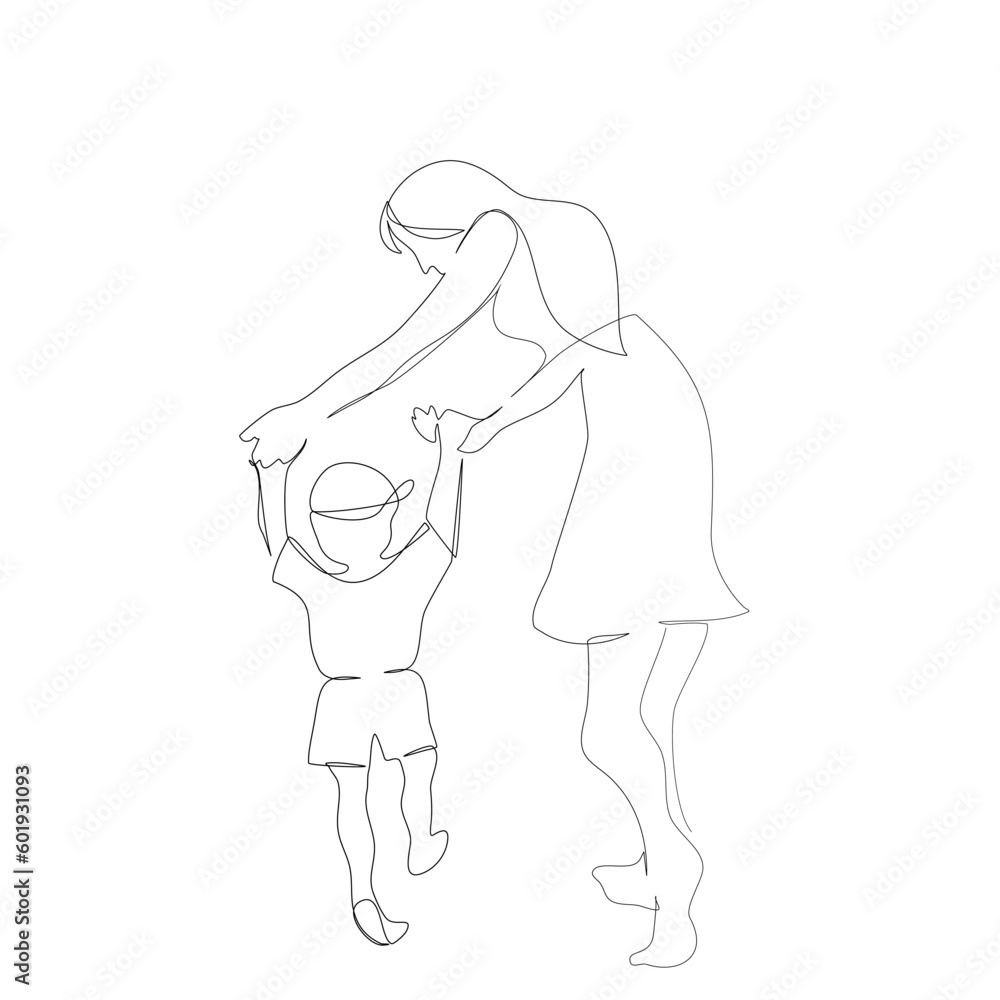 Back side of one young beautiful mother is holding her child hands are ...