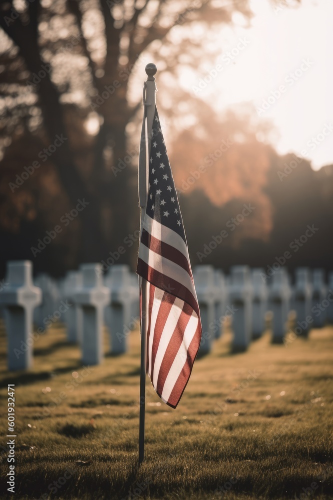 American flag waving next to a grave at the American Cemetery and ...