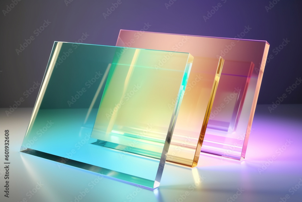 Various colorful transparent glass plates with light diffraction of ...