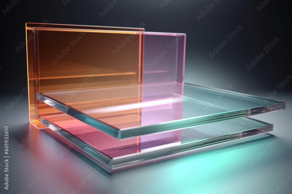 Various colorful transparent glass plates with light diffraction of ...