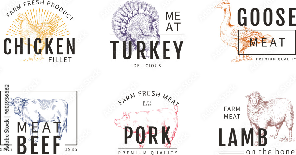 Cow meat logo. Pig animal, farm pork or chicken colorful sketch style ...