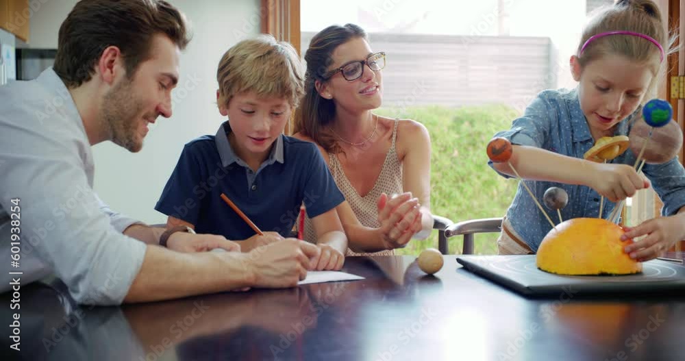 Help, science project and learning with family at table for education ...