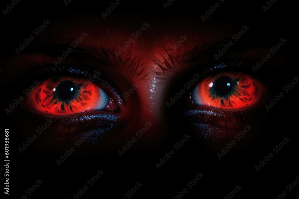A close-up of a woman’s face with bright red eyes, lit up by an unseen ...