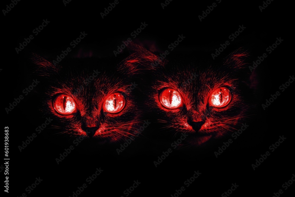A close-up of two cats' faces with glowing red eyes in the dark ...