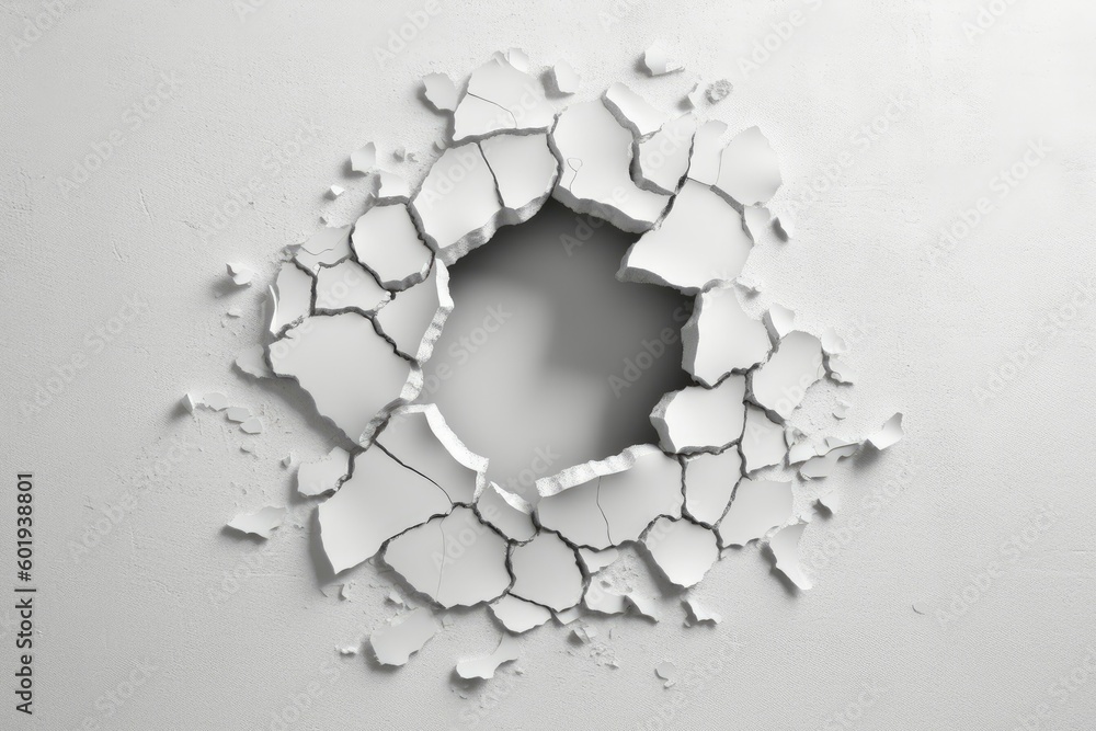 A large, jagged hole in a concrete wall, with chunks of concrete ...