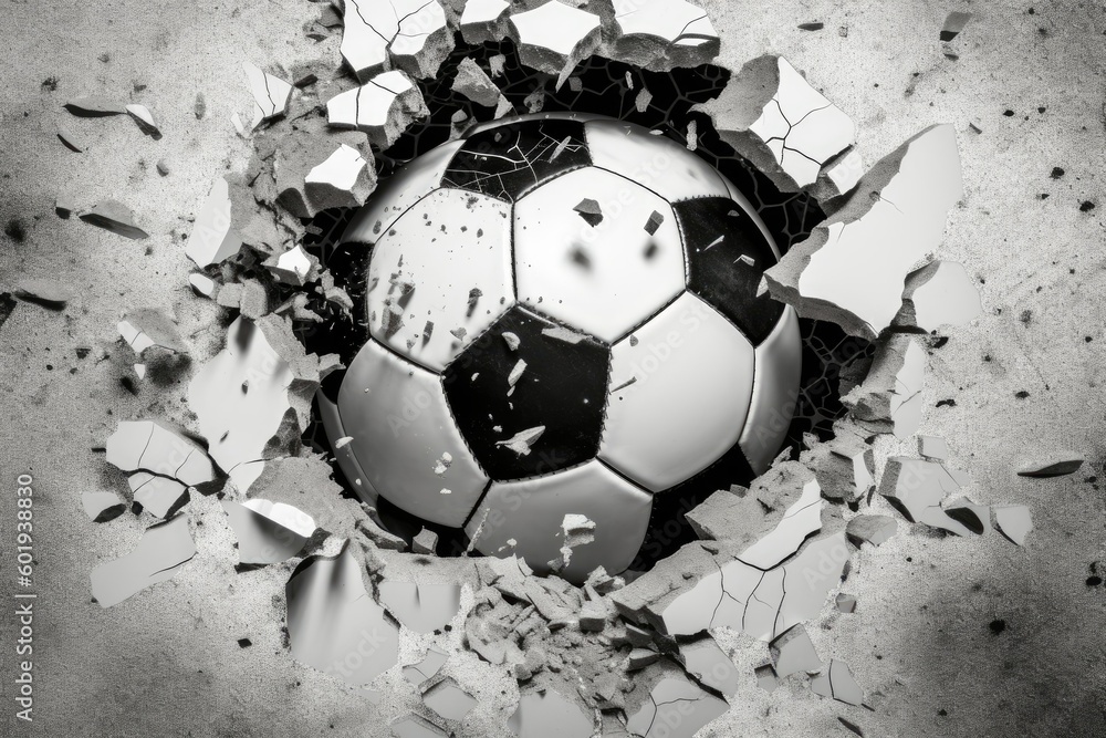 A soccer ball breaking through a barrier, representing the power of ...