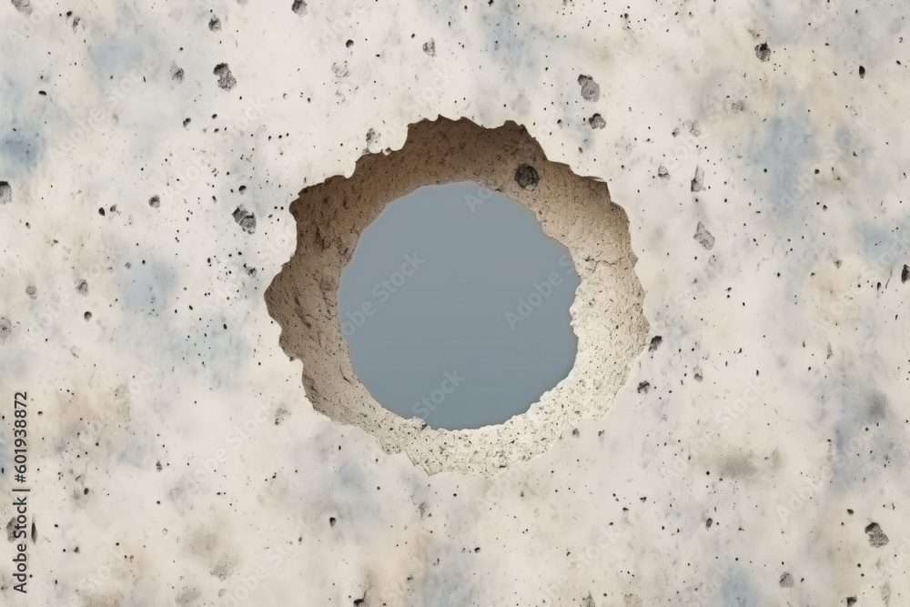 A large, jagged hole in a concrete wall, with chunks of concrete ...