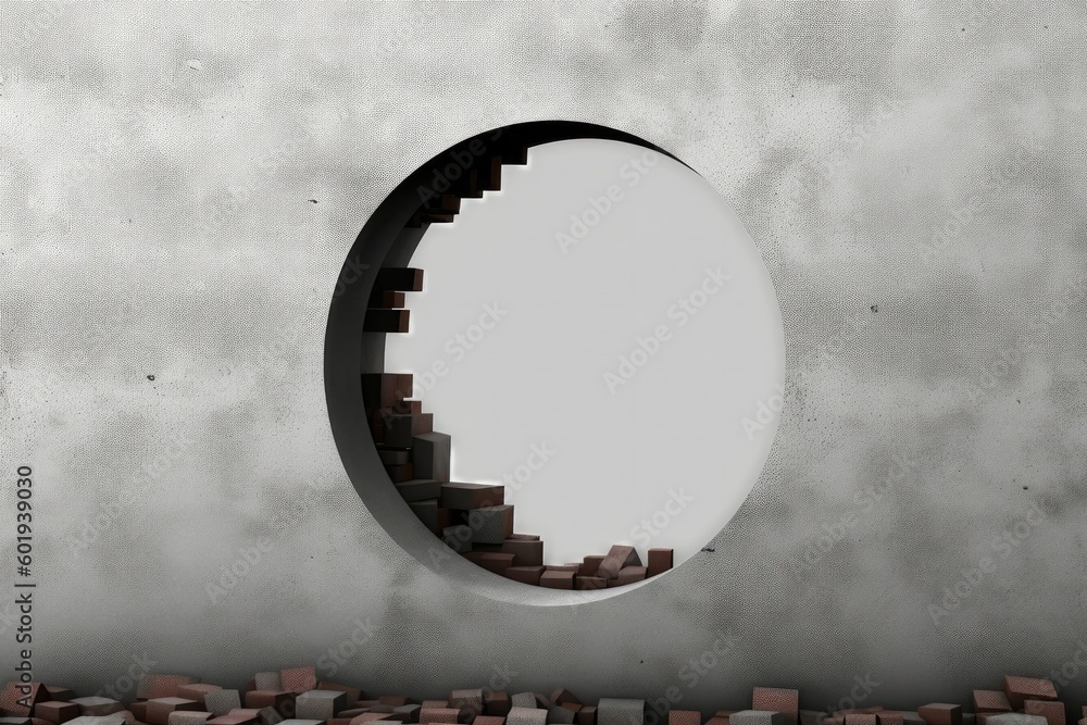 A large, jagged hole in a concrete wall, with chunks of concrete ...