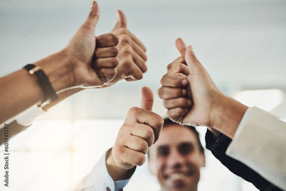 Business people, hands and thumbs up for winning, success or teamwork ...