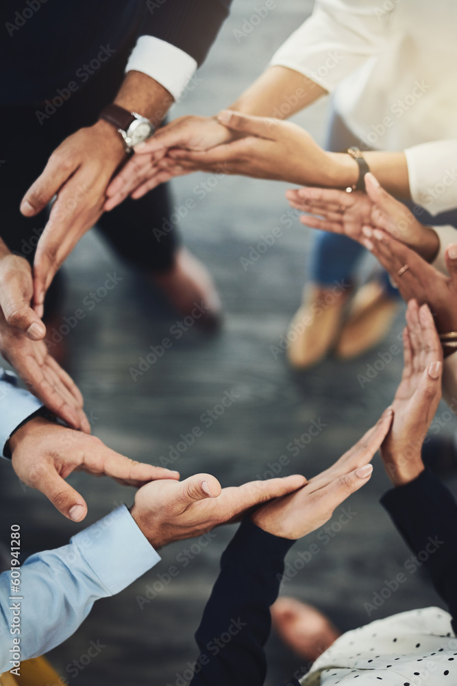 Teamwork, solidarity and business people with their hands together in a circle for unity ...