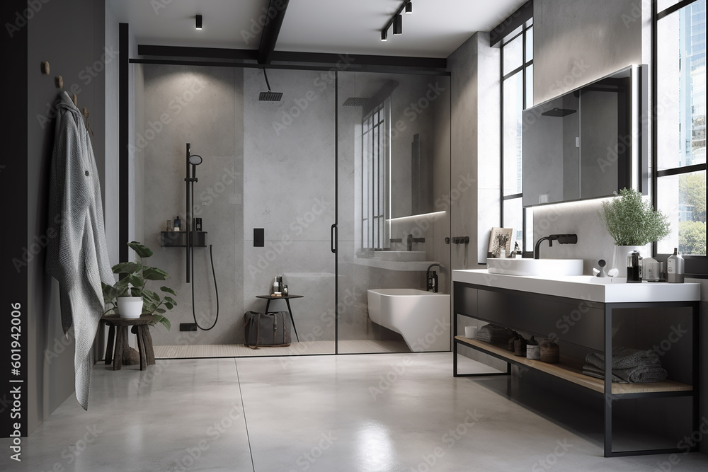 Modern bathroom, polished concrete wall, floor, white marble vanity ...