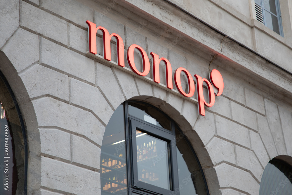 Monop' entrance wall chain Monoprix logo sign shop supermarket store ...