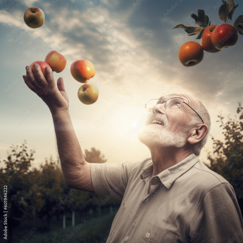 Joyful Senior Man Catching Fresh Apples in Lush Apple Orchard - Created ...