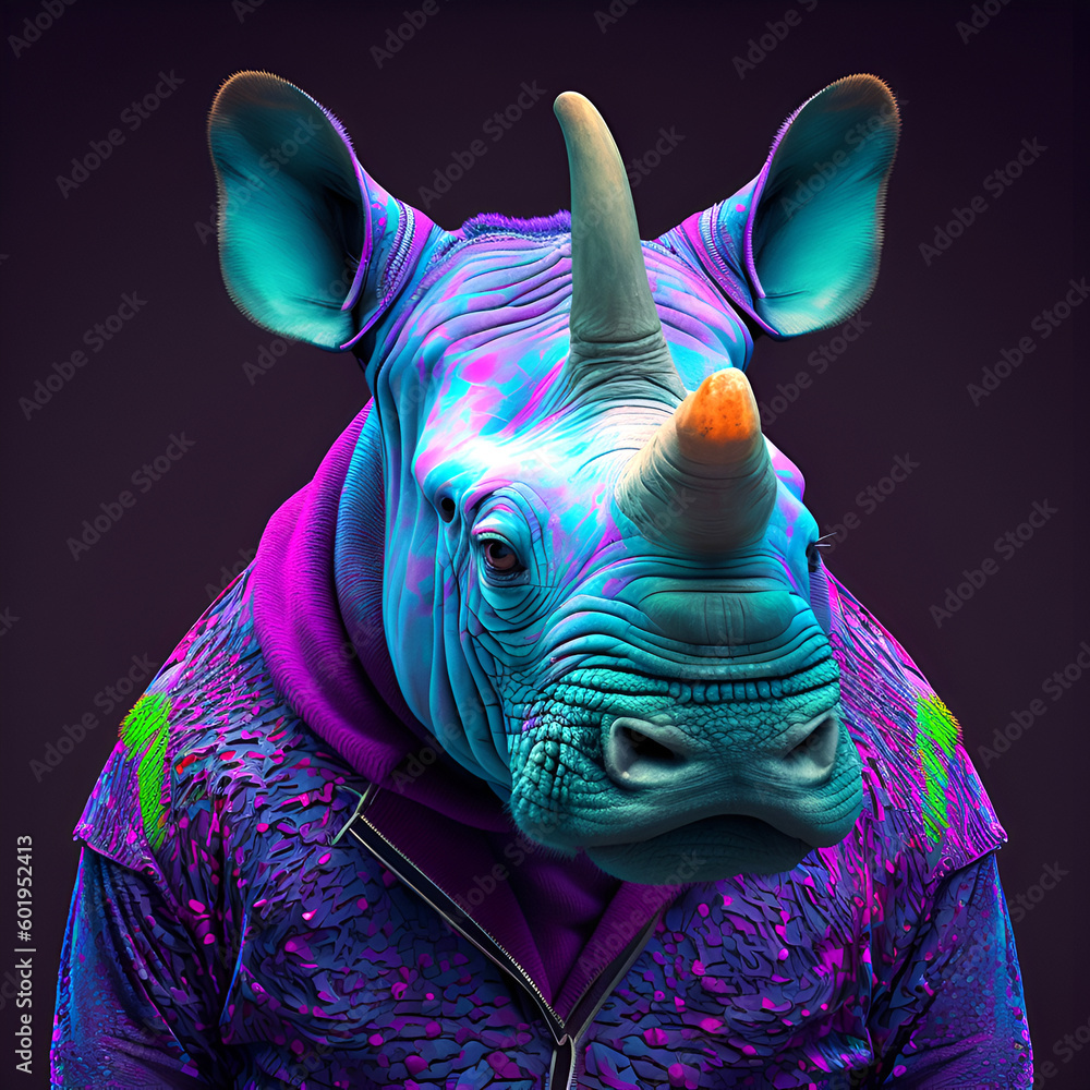 Realistic lifelike rhino rhinoceros in fluorescent electric ...