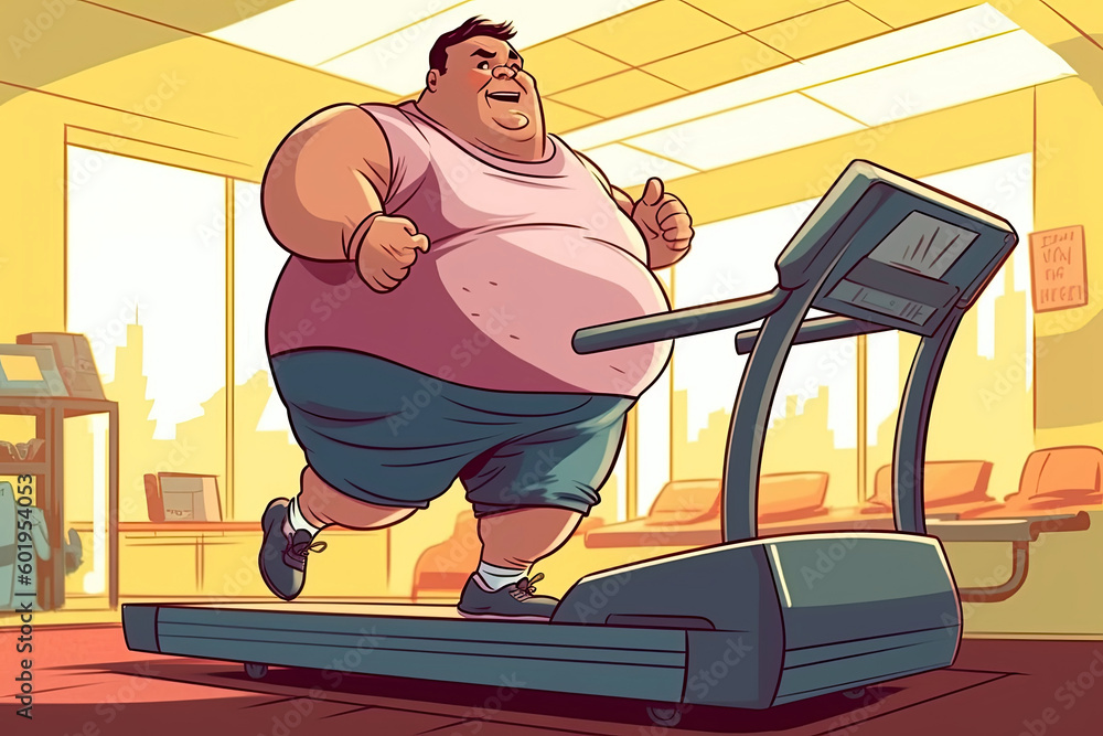 fat male obese runner runs on treadmill in gym. Running cardio workout ...