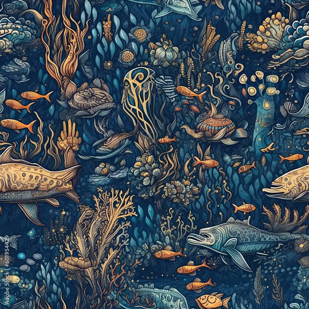 sea background with seamless pattern with fish and tropical algae in ...