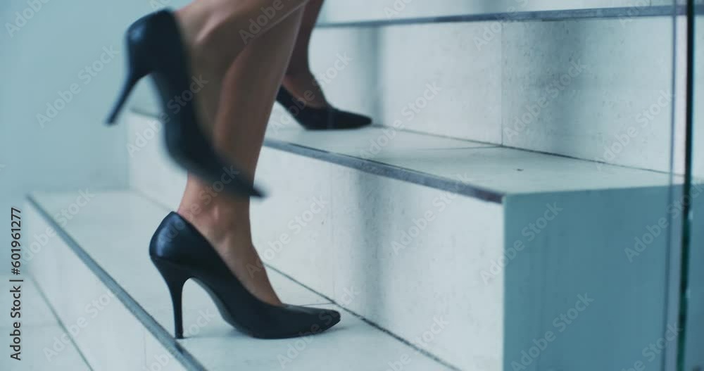 Shoes, business and women walking on steps in an office for corporate ...