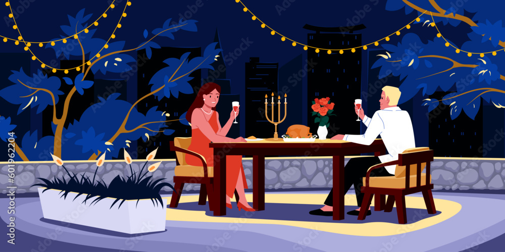 Romantic dating and dinner of couple in rooftop restaurant vector ...