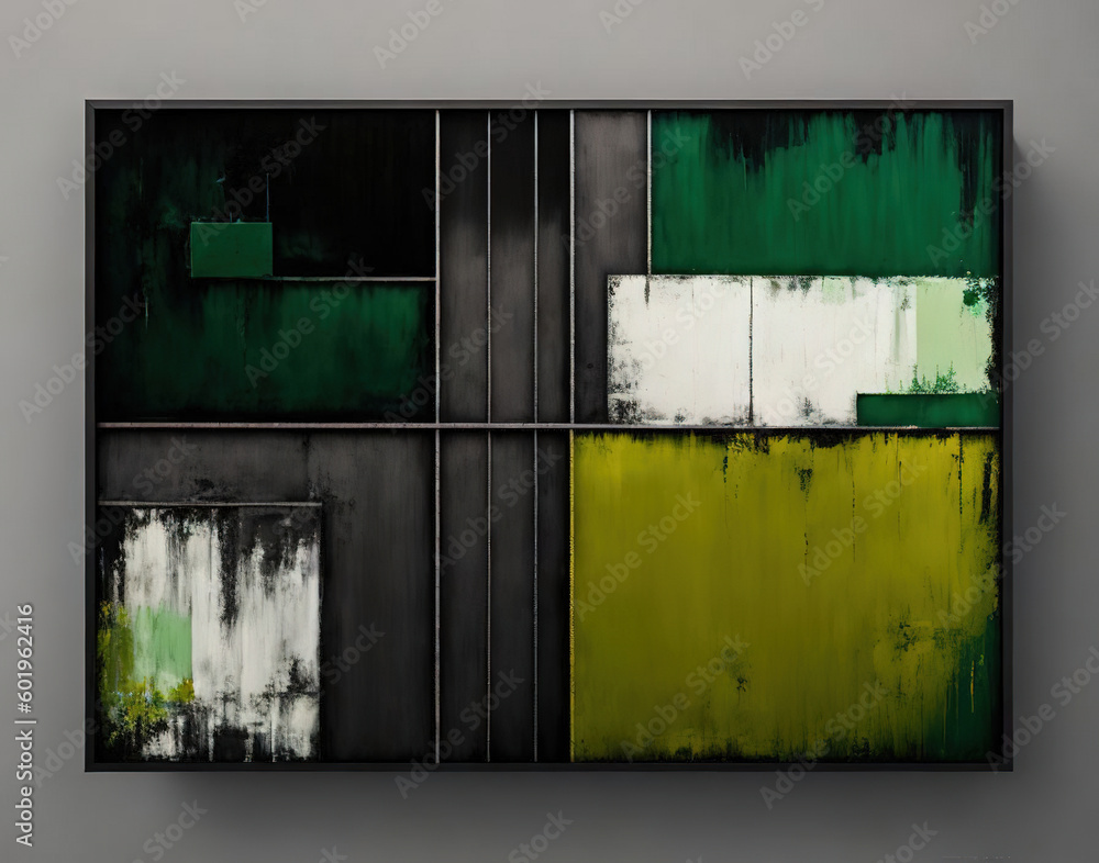 Constructivism or cubist style abstract art painting in a frame hanging ...