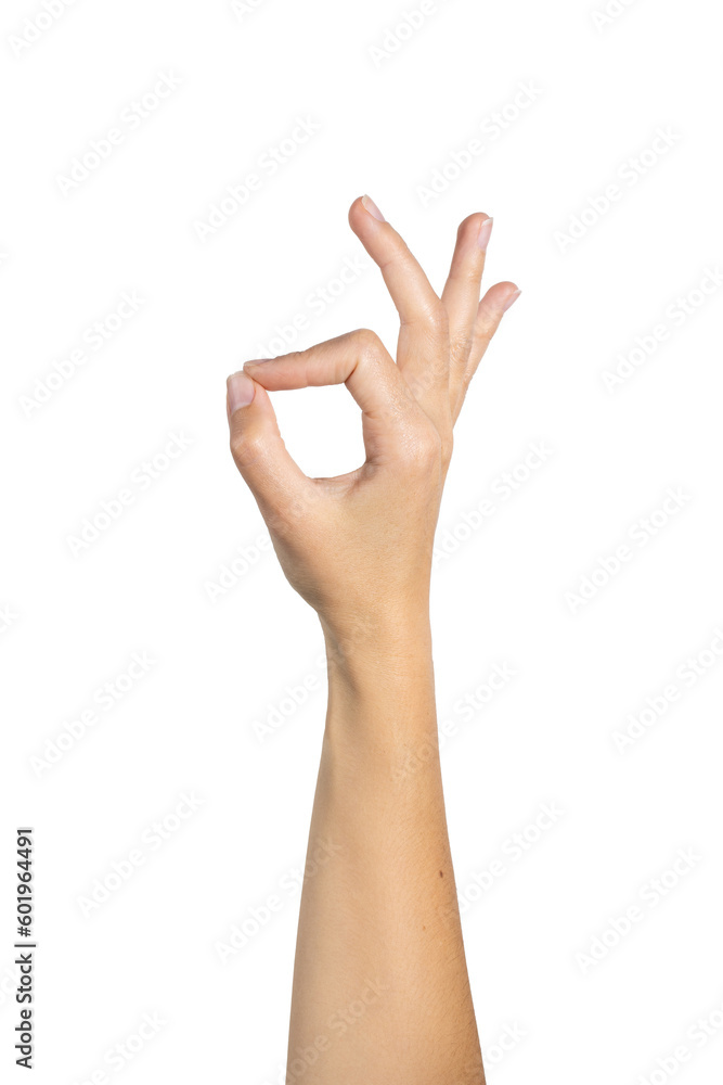 Woman hand shows the Ok sign isolated on white background, with ...