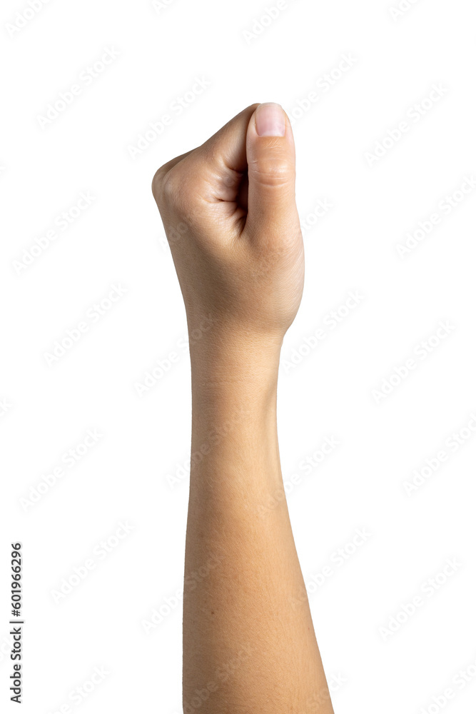 Woman hand shows wrong fist gesture isolated on white background, with ...