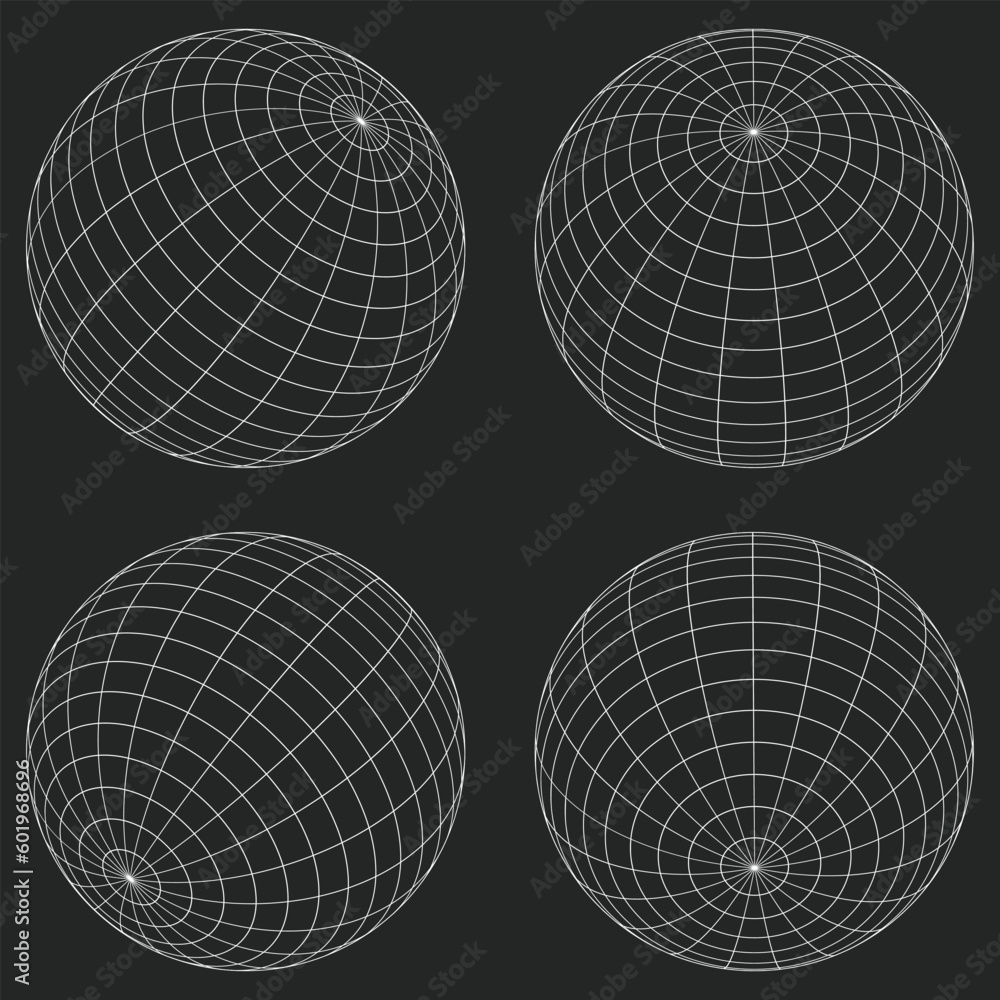 3D Wireframe sphere collection. globe or ball in circle net wire. Retro ...