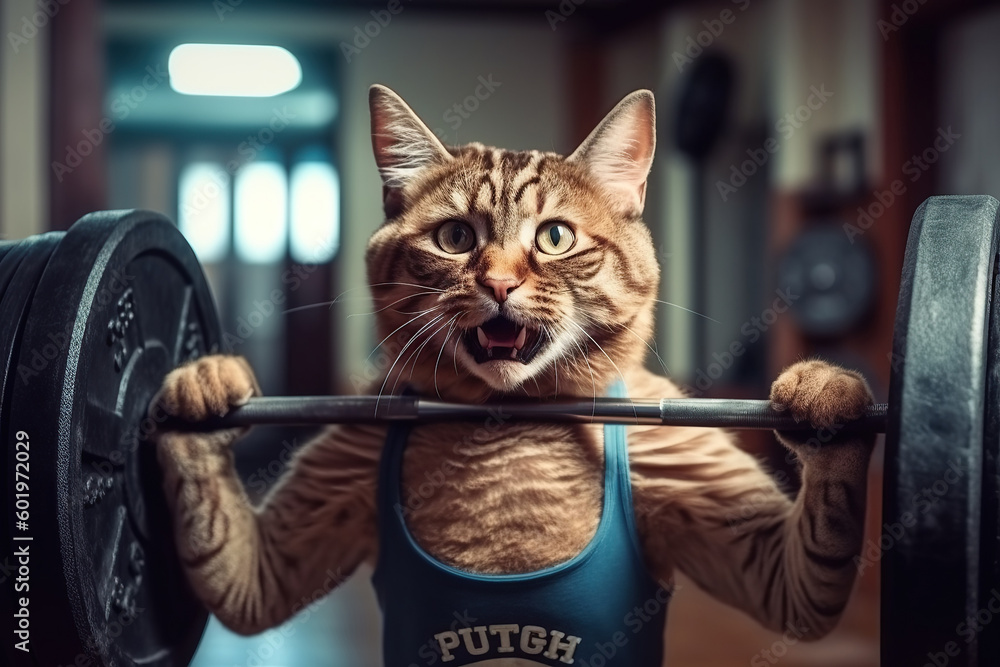 funny cat athlete lifts a barbell in gym during sports training. Generative AI illustration ...