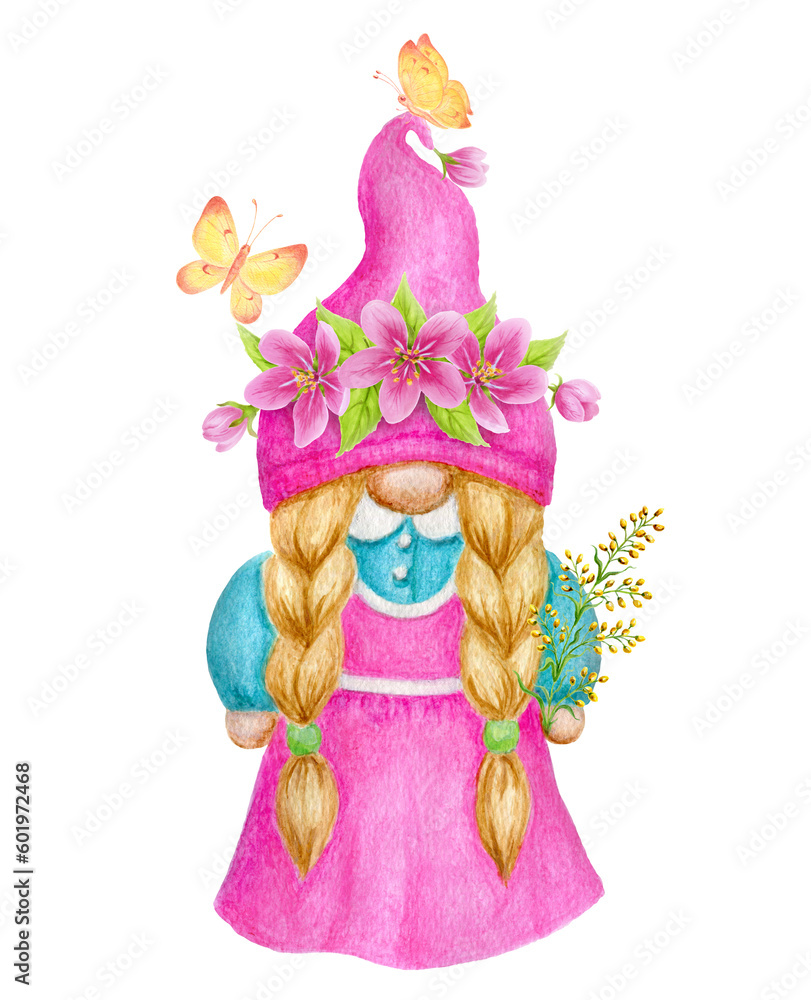 Springtime Gnome girl with spring flowers and butterflies. Watercolor ...