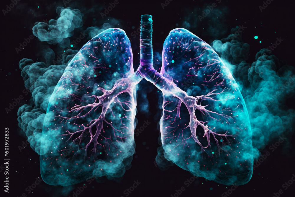 Computer generated image of the lungs in blue and pink smoke with black ...