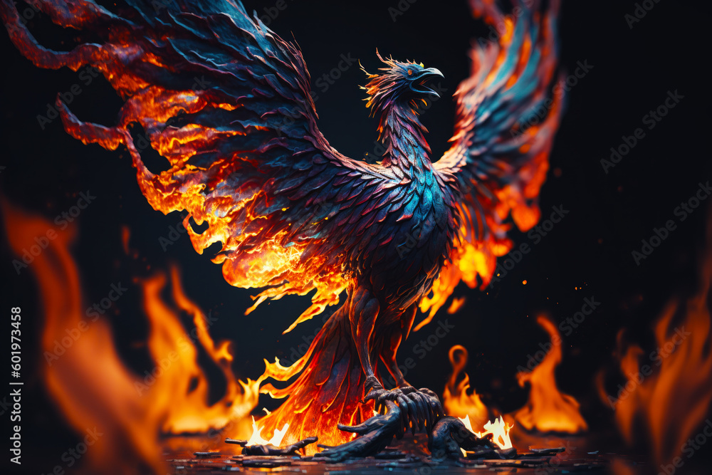 Fire bird sitting on top of pile of fire next to black background ...