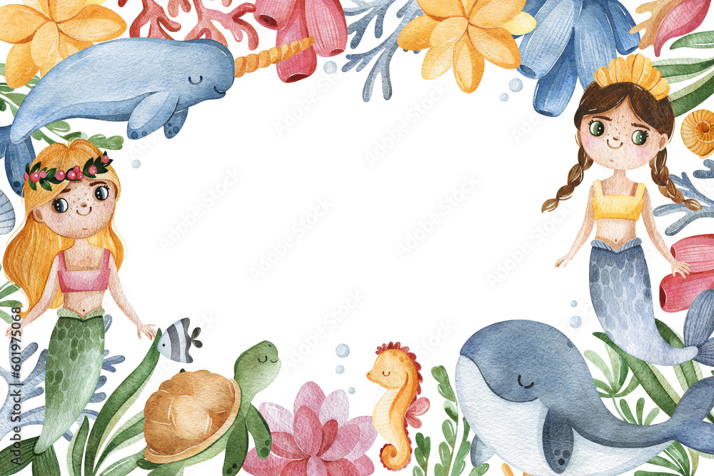 Watercolor frame border with seaweeds,sea creatures,little mermaids and ...