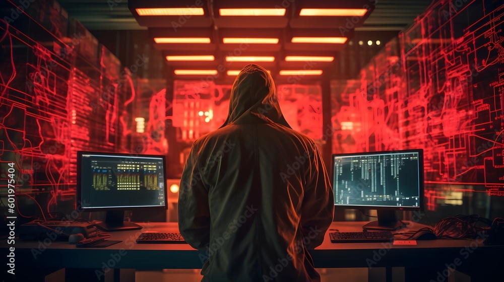 Hacker orchestrating a data breach attack from an underground secret ...