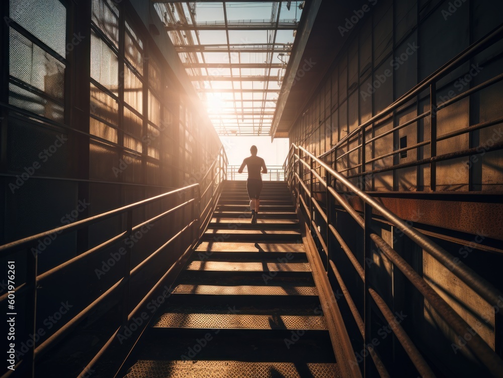 Backlit shot of a jogger running down the metal stairs of an industrial ...