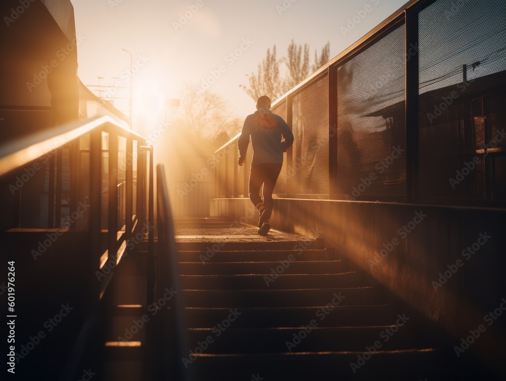 Backlit shot of a jogger running down the metal stairs of an industrial ...