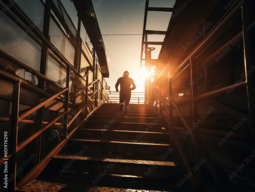 Backlit shot of a jogger running down the metal stairs of an industrial ...