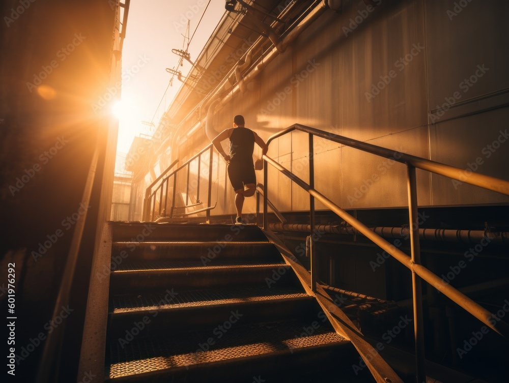 Backlit shot of a jogger running down the metal stairs of an industrial ...