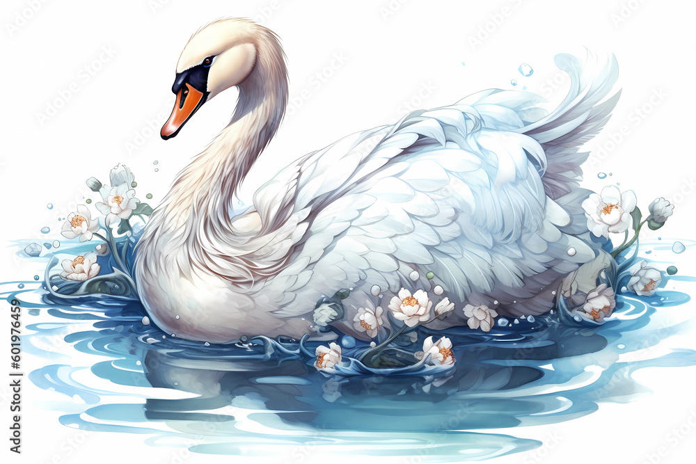 Swan Illustration in Anime Style, Swan in the Pond with Flowers ...