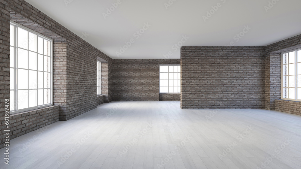 Empty spacious room interior with rought grey brick wall, white wooden ...