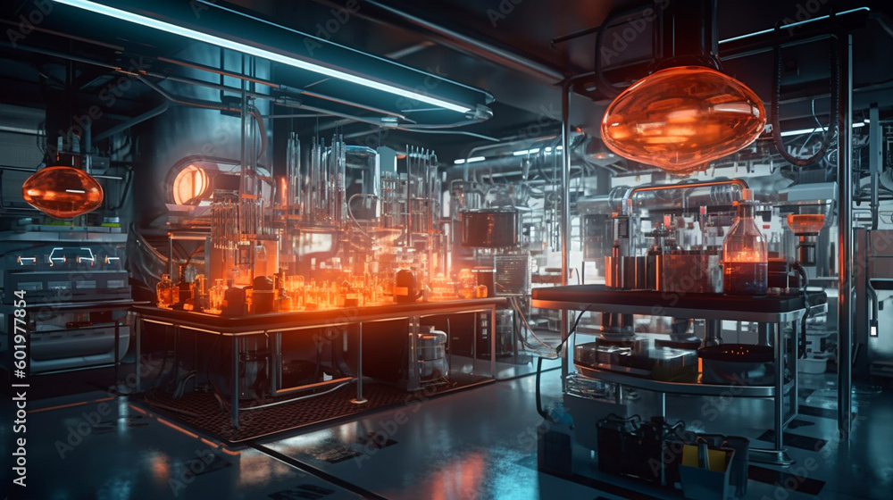 Interior of futuristic lab with tube and flask in medical chemistry ...