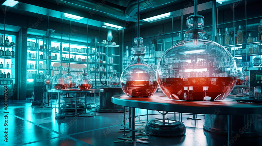 Interior of futuristic lab with tube and flask in medical chemistry ...