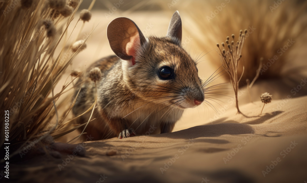 Kangaroo mouse in sandy desert landscape, featuring dunes & sparse ...