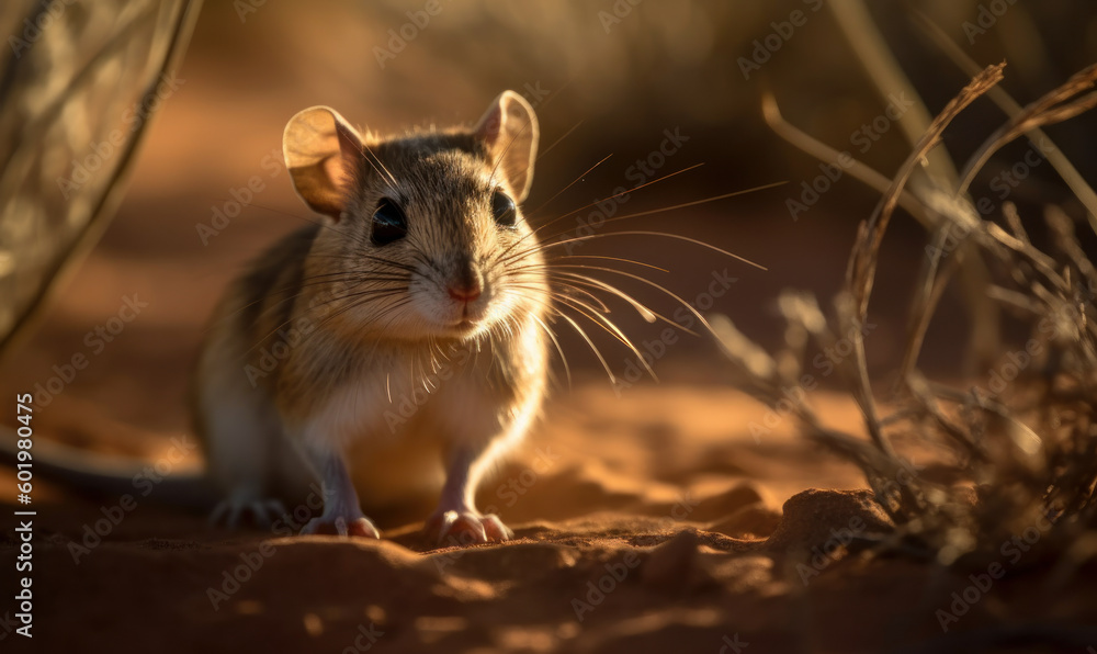 Photo of kangaroo rat in a barren, sandy landscape, with a few desert ...