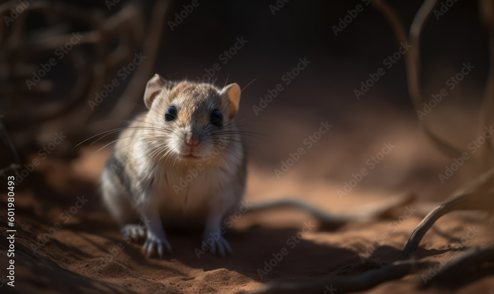Photo of kangaroo rat in a barren, sandy landscape, with a few desert ...