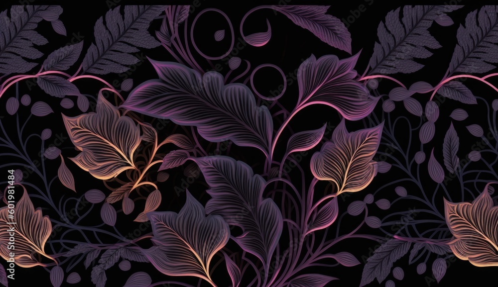 Neon floral pattern, seamless dark background, texture. 3d tropical ...