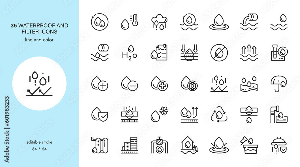 Water Icons Set. Waterproof and Filters Vector Sign and Symbols ...