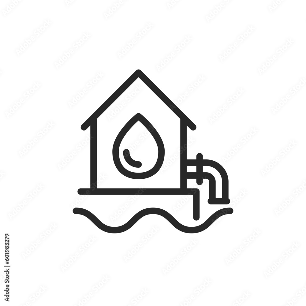 Water Supply System Icon. Vector Outline Sign of House with Water Drop ...