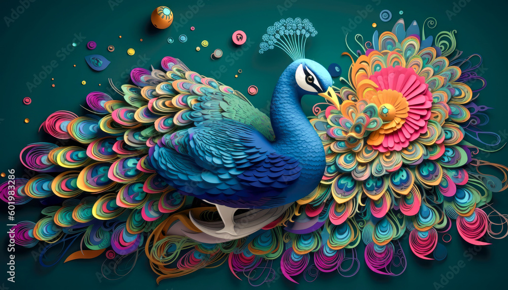 Peacock 3d wallpaper with elegant and colorful feather. Exotic oriental pattern bird wildlife ...