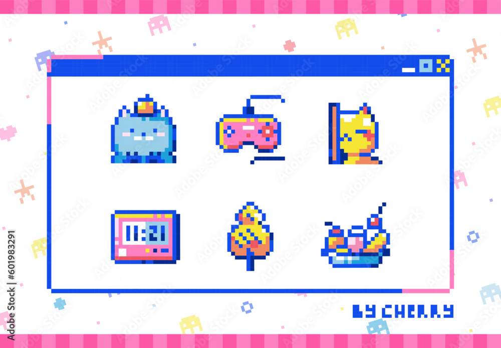 Pixel Art Y2k Food and Animals. 8bit retro style cats, gadgets, food ...