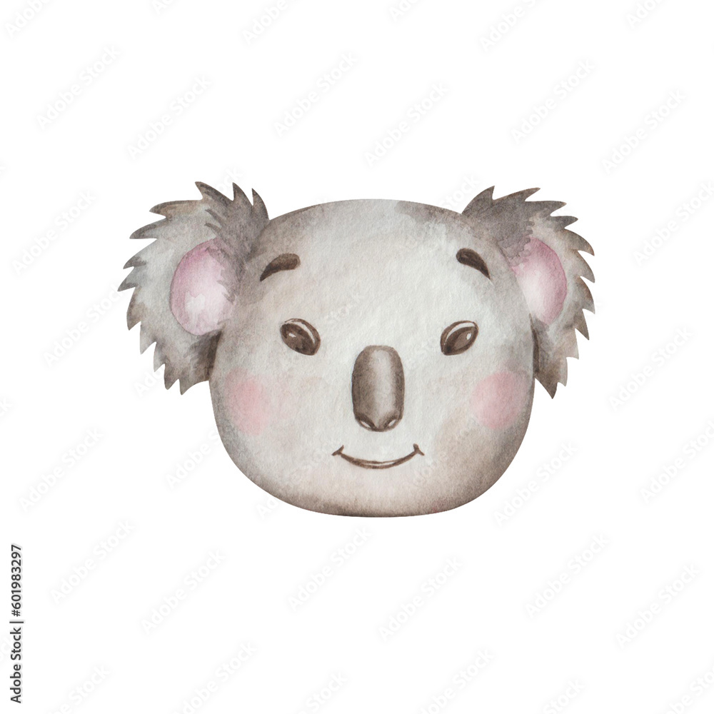 Watercolor illustration. Hand painted grey koala bear smiling. Cartoon ...