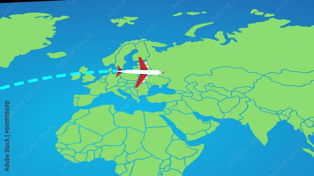 Map of the world with a path for travel with animation of the car and ...